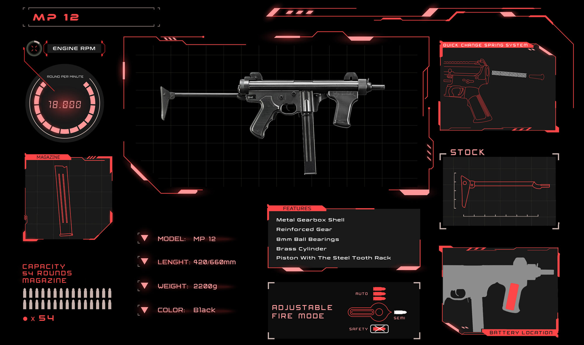 D-BOYS ELECTRIC MP12 FULL METAL BLACK (MP12) - D|Boys Airsoft